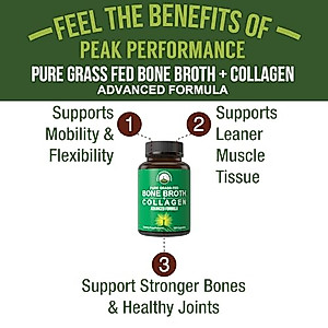 Bone Broth Collagen Capsules. 180 Pills of Grass Fed Bone Broth Collagen Protein Peptides. Contains All 3 Collagen Types 1, 2, and 3. Pure Pasture Raised Paleo Friendly Tablets for Women and Men