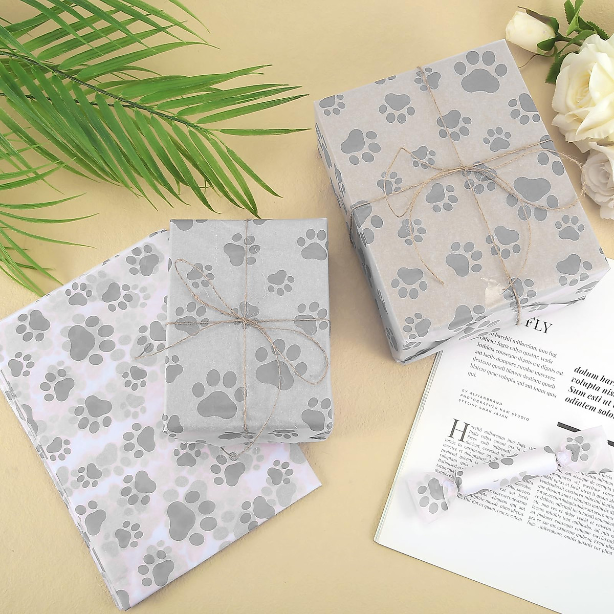 30pcs Dog Paw Tissue Paper, 20x14in Cute Paw Print Tissue Paper Puppy Paws Tissue Paper Sheets Gift Wrapping Tissue Paper for Gift Packaging Wedding Birthday Party Supplies(Silver)