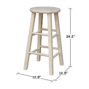 IC International Concepts, Unfinished H Round Top Wooden Stool, Solid Parawood Kitchen/Dining Barstool, Fully Assembled, 225 lb Weight Capacity, Paint or Stain in Any Color, 24-Inch