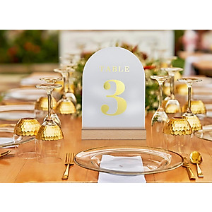 ORGANTEAM Gold Wedding Table Numbers 1-10 with Wooden Stands, Frosted Acrylic Table Numbers for Wedding, 5x7" Arch Table Signs Perfect for Rustic Wedding Restaurant Decoration Party Anniversary Event(Frosted Gold Font, Table Number 1-10)