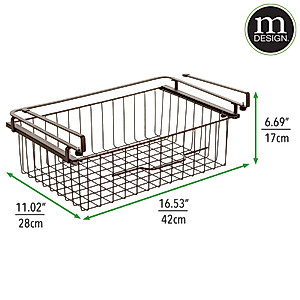 mDesign Large Metal Wire Hanging Pullout Drawer Basket - Sliding Under Shelf Storage Organizer - Attaches to Shelving - Easy Install - 4 Pack - Bronze