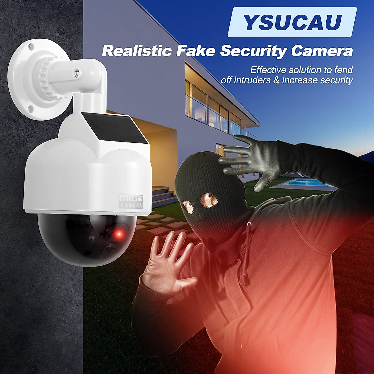 YSUCAU Solar Powered Dummy Fake CCTV Security Dome Camera with Flashing Red LED Light & Warning Security Alert Sticker Decal, Indoor/Outdoor Use