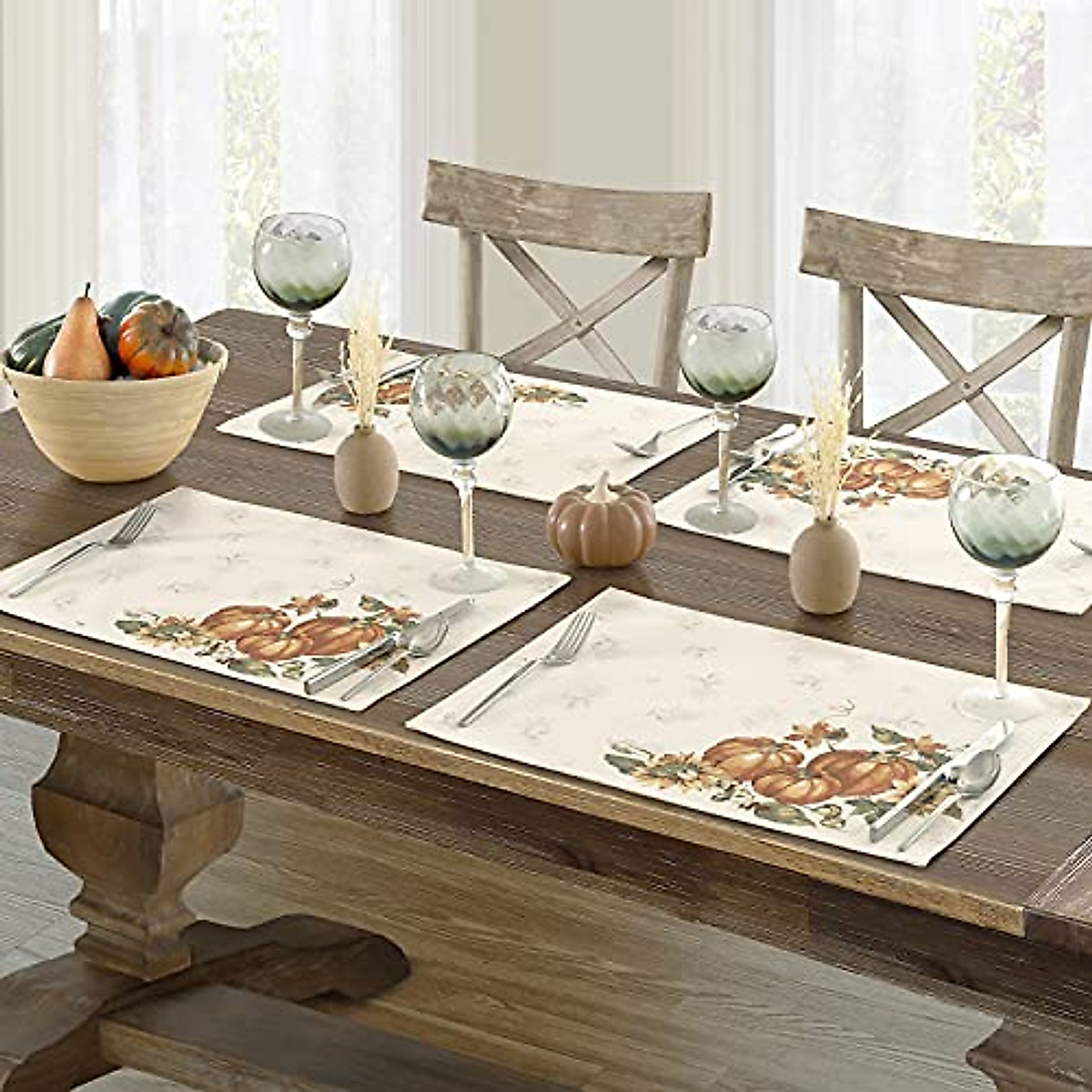 Lintex Stockbridge Pumpkin Harvest Bordered Thanksgiving Placemats, Autumn Fall Leaf, Sunflower and Acorn Border Print Print Easy Care Fabric Placemats, Set of 4 Bordered Placemat