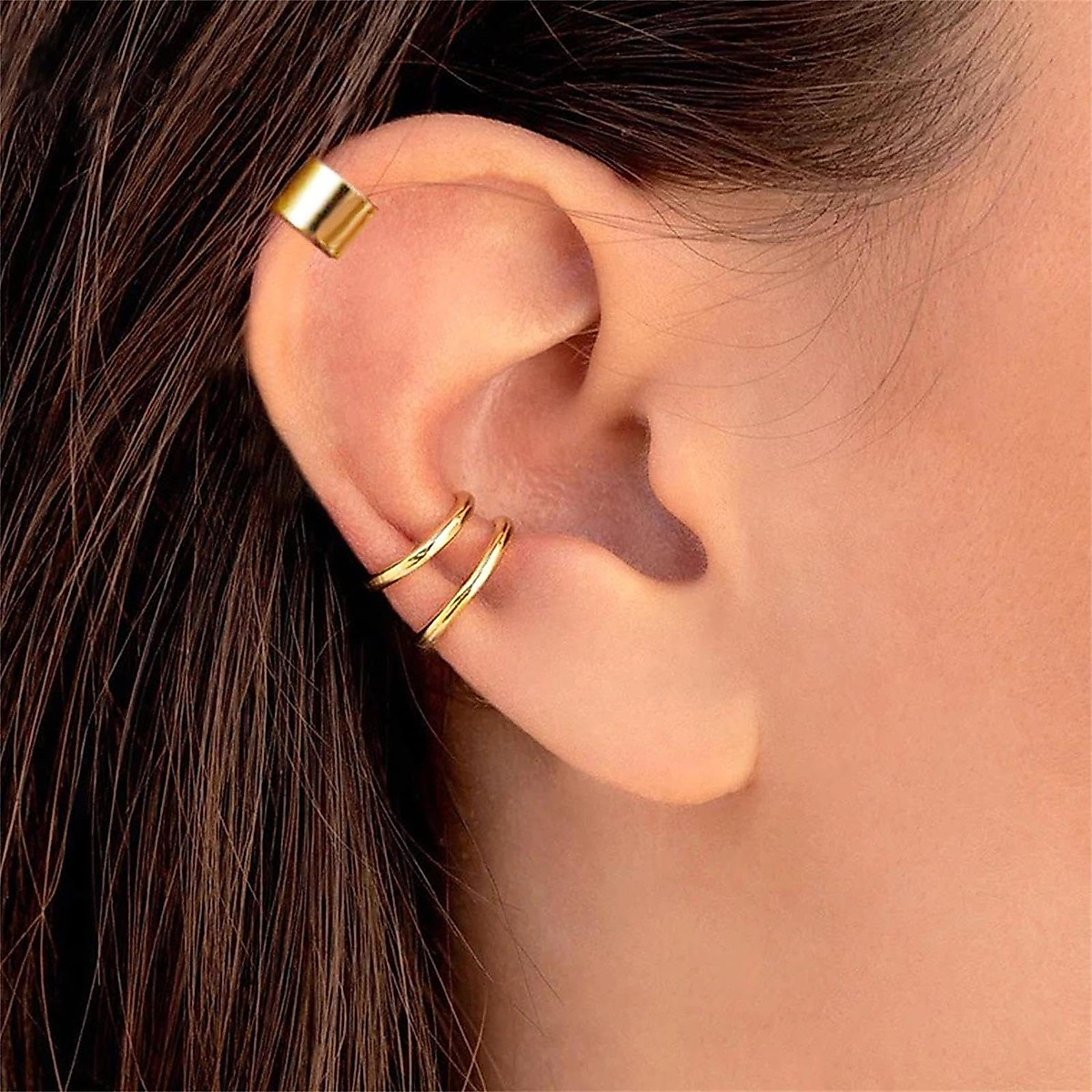 DAILI Gold Cuff Earrings for Women, Trendy Cute Ear Cuff Set Non Piercing Fake Helix Cartilage Huggie Cross Cuff Earrings, 14K Gold Plated Hypoallergenic Simple Double Lines Ear Cuff Earrings (6pcs) (Gold - 6pcs)