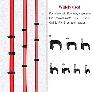 OCR 600pcs Circle Cable Clips with Steel Nail in Black Wire Clips 4mm 5mm 6mm 7mm 8mm 10mm 12mm Cord Management for RG6, RG59, CAT6, Coax Cable, Ethernet, TV, Telephone, Printer Cable