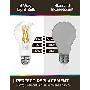 UNILAMP 3 Way Light Bulbs 50 100 150w Equivalent, Daylight White 5000K, E26 LED Filament Light Bulbs, Three Way A19 LED Light Bulb with 90+ CRI, Bright White Light Bulbs, Classic Clear Glass, 2 Pack