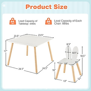 HONEY JOY Kids Table and Chair Set, Children Wooden Activity Table & 2 Chairs Set, Solid Wood Legs, Easy Assembly, 3 Piece Rabbit Themed Toddler Furniture Set for Art Craft (White)