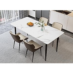 Marble Dining Table, Rectangular 55" Marble Kitchen Table for 4, Sintered Stone Dining Table for Dining Room, Kitchen, Marble Top Dining Table Scratch-Resistant, Heat-Resistant, Easy to Clean (White)