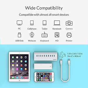 USB Hub, ORICO Super Speed USB 3.0 Triangle Aluminum Alloy Hub Splitter with DC12V Power Adaptor, 10-Port Data Hub with 3.3 Ft Extened Cable for MacBook, Mac Pro, iMac, Notebook, PC - Silver