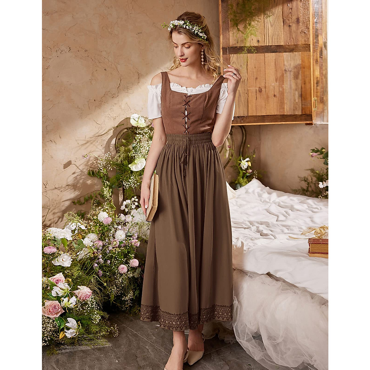 Women’s Elastic Waist Maxi Skirt Vintage Medieval A-Line Long Skirt Brown M