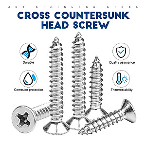 NINDEJIN Flat Head Self Tapping Screws Assortment Kit, 304 Stainless Steel Wood Screws, M3.5 Phillips Drive Self Tapping Screws, 240 pcs Self-Tapping Screws Set with 2 pcs Phillips Screw Bit (12-40mm)