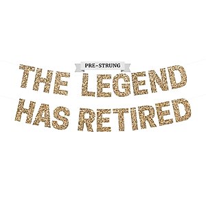 Pre-Strung The Legend Has Retired Banner - NO DIY - Gold Glitter Happy Retirement Banner - Pre-Strung on 8 ft Strand - Happy Retirement Party Decorations for Men & Women. Did we mention no DIY?