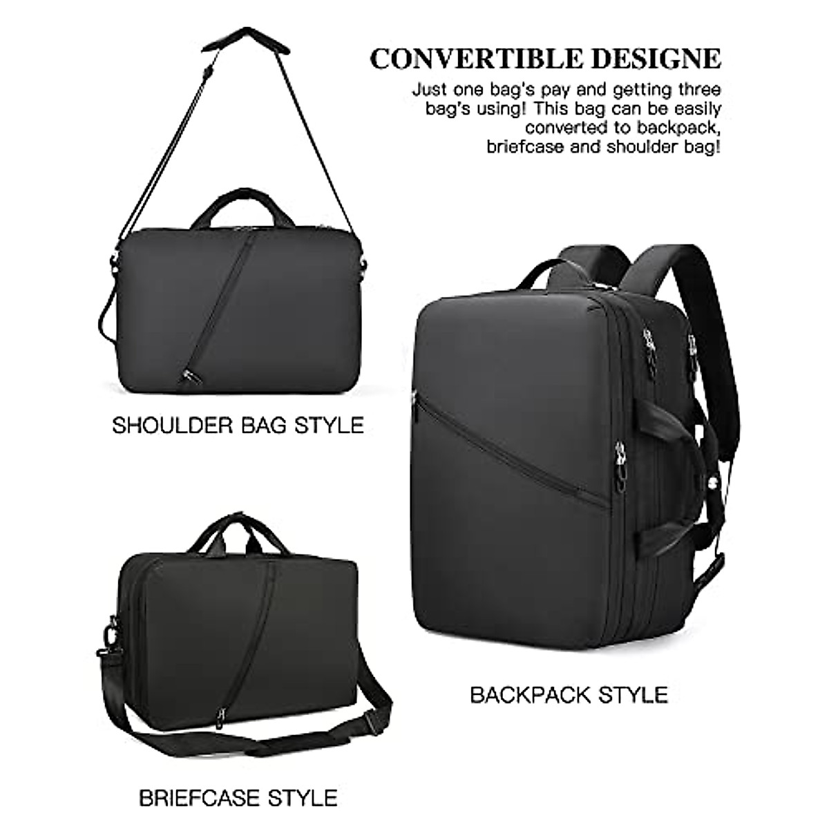 CoolBELL 3 in 1 Travel Backpack 17.3 Inches Laptop Backpack Weekender Casual Daypack Convertible Shoulder Bag Briefcase Water-proof Business Backpack for Men Women (Black)