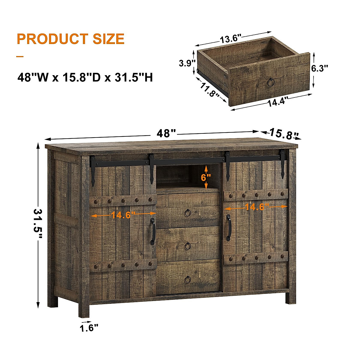 REAHOME Buffet Cabinet with Storage, 48" Sideboard Buffet Cabinet with Sliding Barn Doors & 3 Drawers, Farmhouse Wood Coffee Bar Cabinet Buffet Table for Kitchen, Dining Room, Rustic Brown