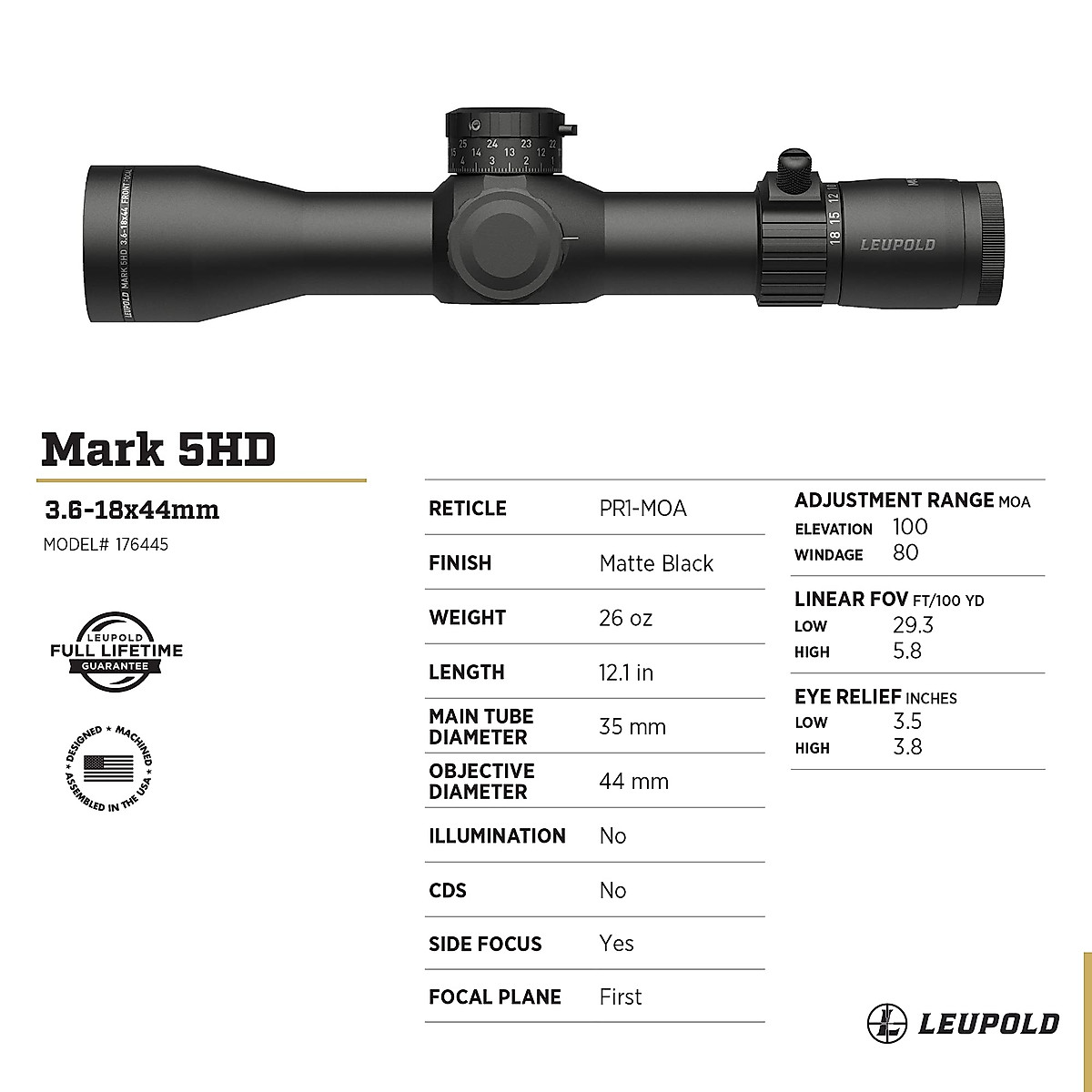 Leupold Mark 5HD 3.6-18x44mm M1C3 FFP Side Focus Riflescope, PR1-MOA Reticle