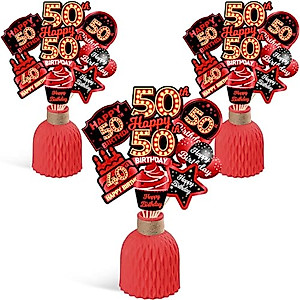 Happy 50th Birthday Red and Black Table Honeycomb Centerpieces Balloons Theme Decor Table Toppers Table Decorations for Girls Women Princess 50 Years Old Birthday Party Supplies Bday Background Gold