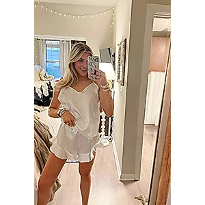 FOSHPOT Silk Pajamas for Women S-4XL Plus Size Satin Pajamas Women with Cami Top Ruffle Shorts Pjs Sets Bridal Gifts White