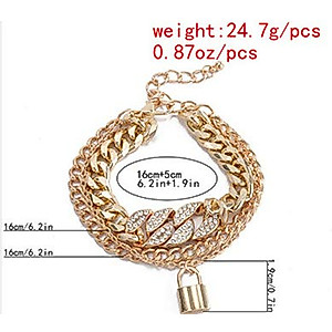 COLORFUL BLING Shiny Hip Hop Rhinestone Cuban Link Chain Lock Pendant Necklace With Bracelet Set Punk Cubic Zircon Layered Choker Necklace for Women Unisex Jewelry-A gold