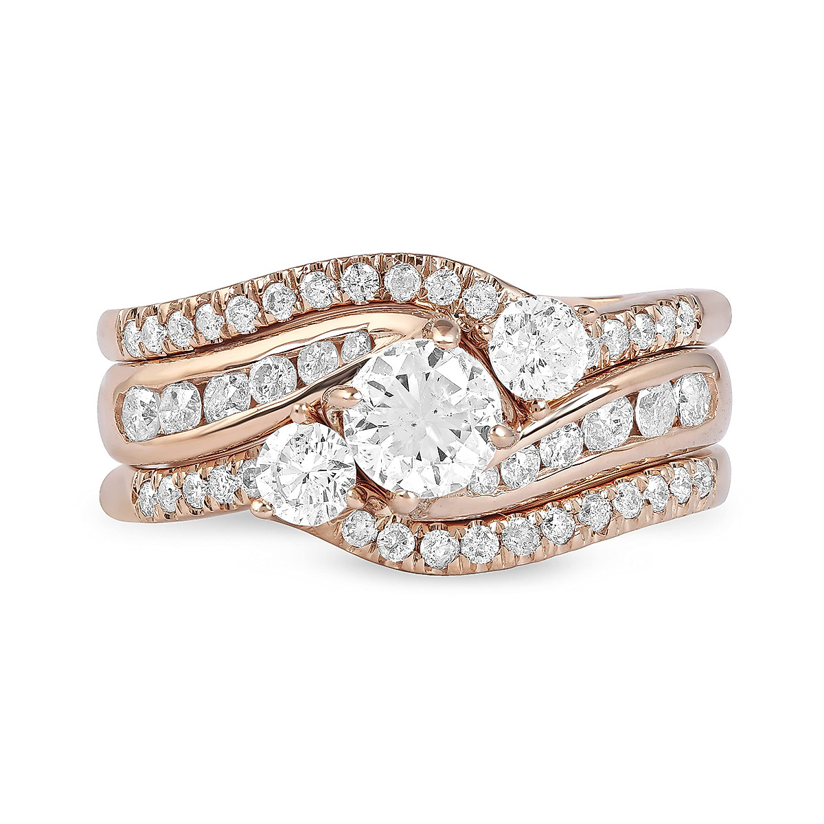 DZON IGI Certified 10K Rose Gold 1 1/4CT TDW Round Cut Diamond Bypass Engagement Ring Set for Women (I-J, I2) (6.5)