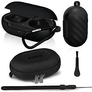 Galaxy Buds Plus 2020/Galaxy Buds 2019 Case, KMMIN Full-Body Shock Protective Samsung Buds Silicone Cover with 5-in-1 Accessories Storage Bag/Carabiner/Lanyard/Brush [Front LED Visible], Black