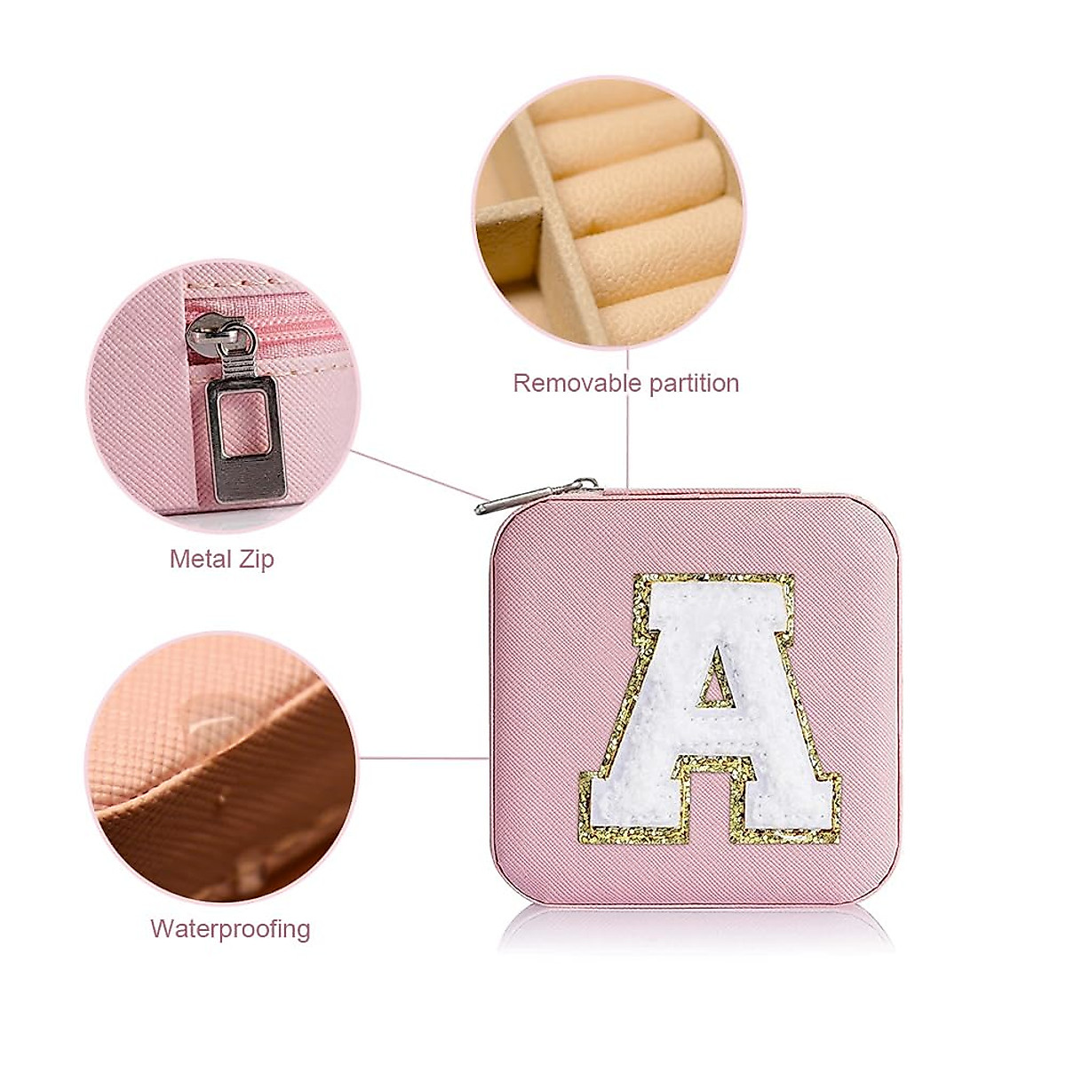WWDAY Small Travel Jewellery Box, Fashion Jewellery Box, Pink Jewellery Box for Girls,Alphabet Jewelry Box（Pink-A）， Halloween and Christmas Gifts, Gift for Girlfriends, Wedding Gift