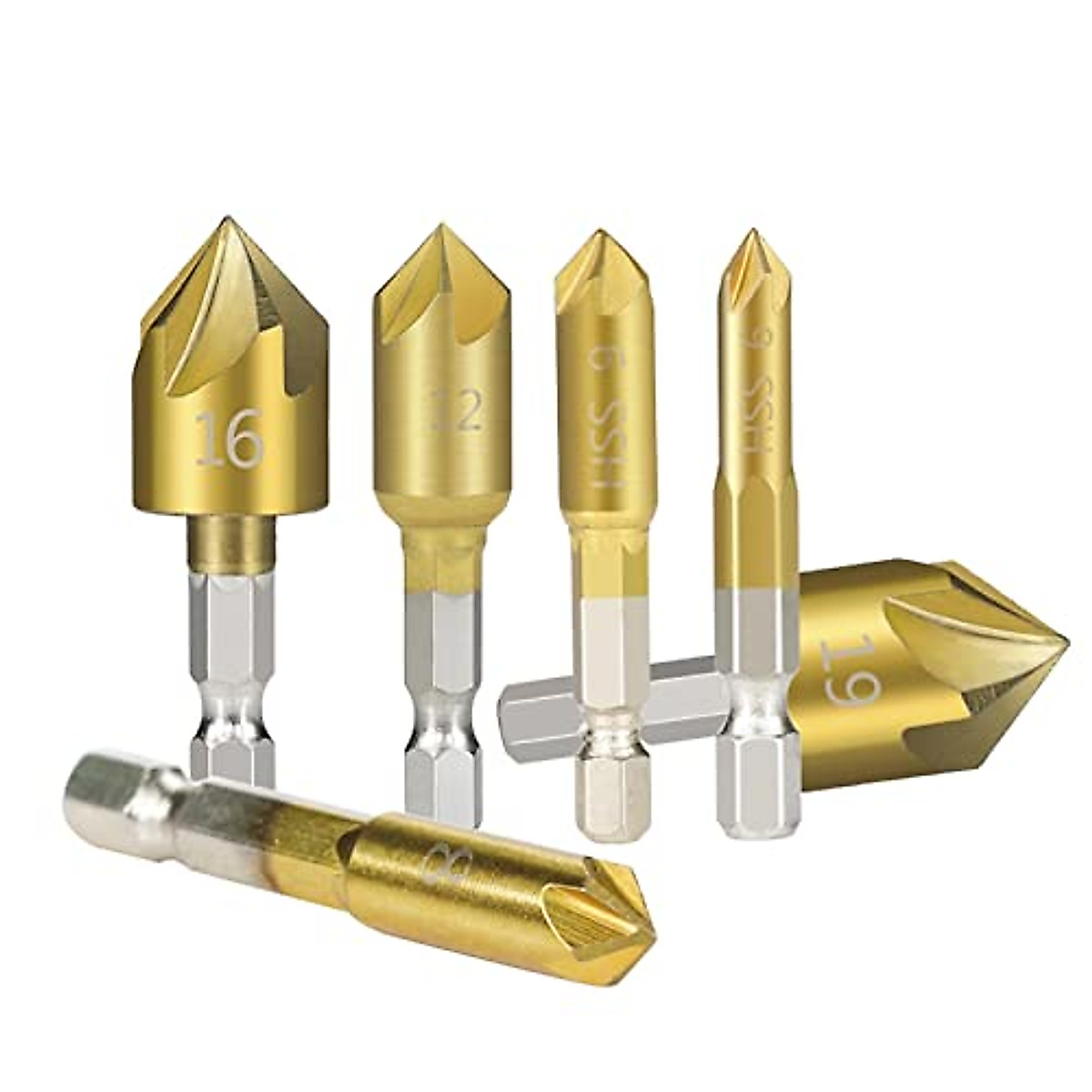Hex Shank Countersink Drill Bit 6-19mm Set Coated 5 Flute Hole Drill 90 Degrees Wood Chamfering 6Pcs (Color : 6pcs 6-19mm)