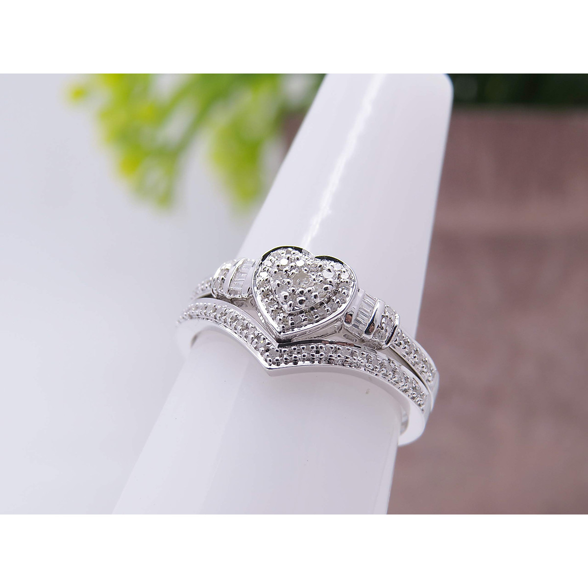 Dazzlingrock Collection 0.30 Carat Round & Baguette Diamond Heart Shaped Engagement Ring Set in 925 Sterling Silver Size 8