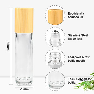 Clear Refillable Glass Empty Roll on Bottles Roller Bottle,10ml Bamboo Roll On Bottle For Essential Oils Perfume Sample Bottles With Stainless Steel Roller Ball &Bamboo Cap,12pcs