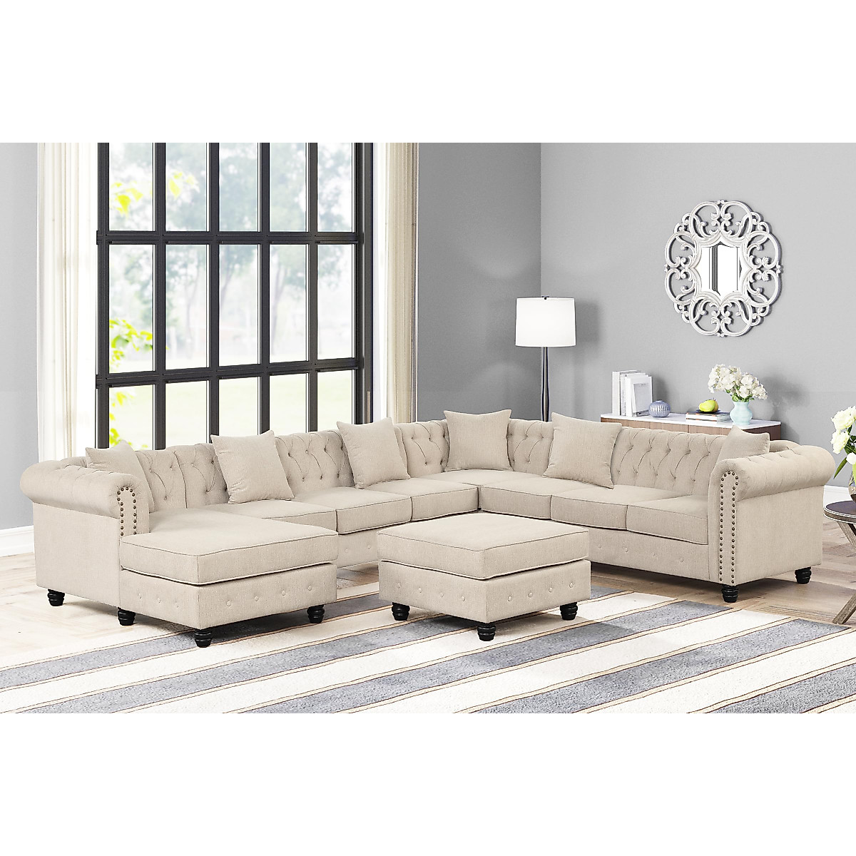 Morden Fort Chesterfield Modular Convertible Sectional U-Shape Polyester Fabric Sofa with Chaise Accent Tufted Couch for Living Room Furniture Set