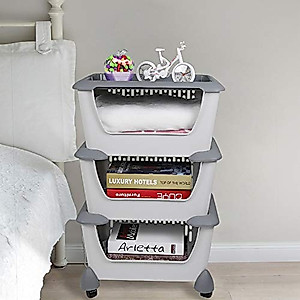 Hommp Gray Plastic Stacking Storage Organizer Basket with Wheels, Multi-function Stackable 3-Tier Storage Basket