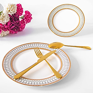 DUEBEL 4-Person Dinner Service Set, Includes 4 Ceramic Dinner Plates and 4 Ceramic Salad Plates with Gold Rim, 4 Cutlery Set for 4 Persons, Modern & Stunning Design