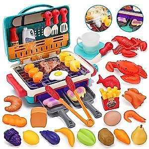 HOLYFUN 42Pcs Kids BBQ Grill Toy, Barbecue Kitchen Cooking Playset with Realistic Spray, Light & Sound, Color Changing Play Food & Dishes Toy, Pretend BBQ Accessories Set for Girls Boys Toddler