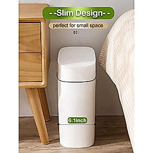 COMODID 14 Litre Trash Can with Press Top Lid, 3.7 Gallons Plastic Garbage Bin, Slim Wastebasket for Bathroom, Kitchen, Toilet, Office, Room, Bedroom, White lid Without Brush