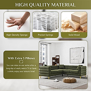 Wrofly L Shaped Corner Sectional Couch, Overstuffed Sherpa Deep Seat Cloud Sofa with 5 Pillows, Sofa and Loveseat Furniture Sets for Living Room Bedroom, Olive Green Teddy