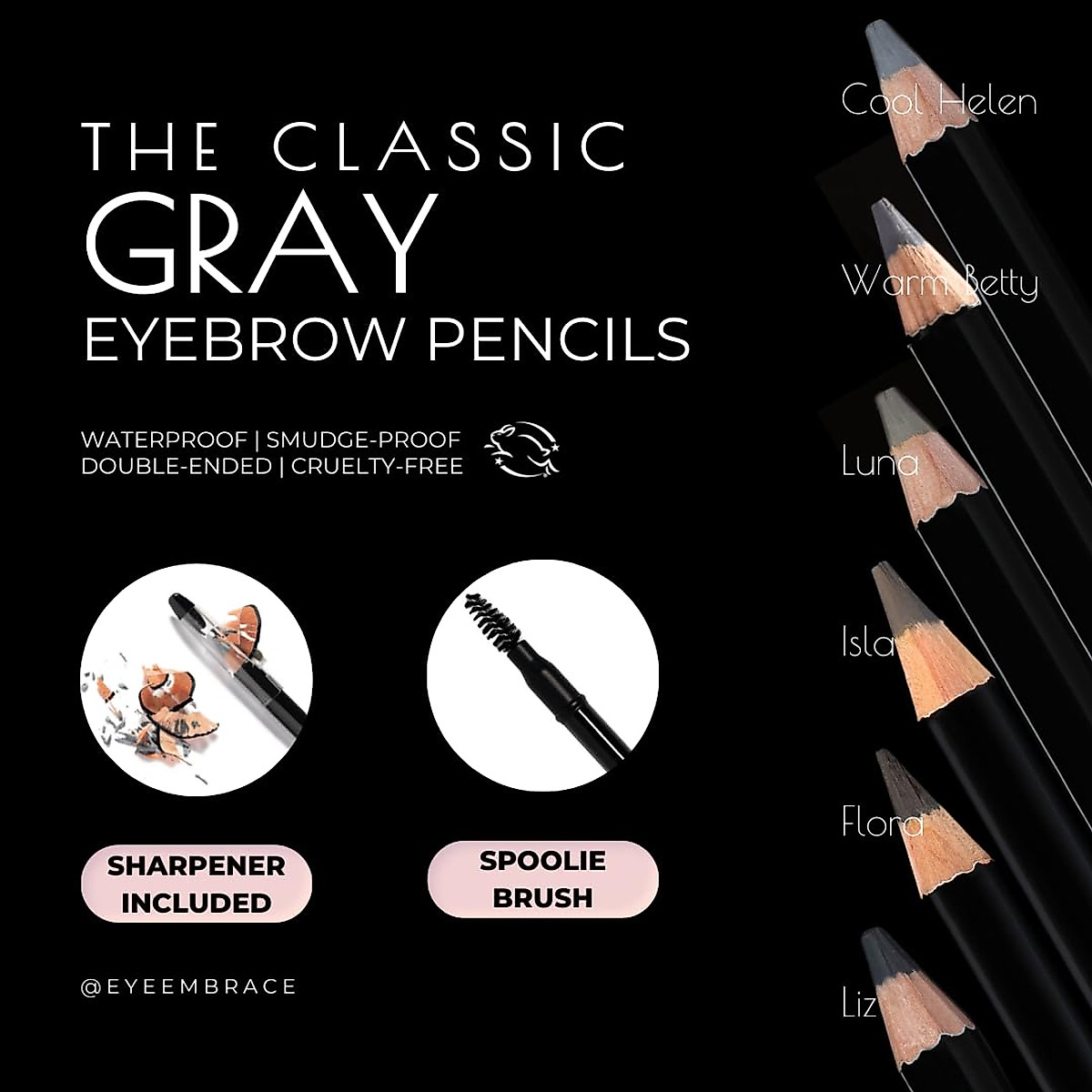 Eye Embrace Liz Classic: Warm Medium Gray Wooden Eyebrow Pencil – Waterproof, Double-Ended Pencil with Sharpener & Spoolie Brush, Cruelty-Free