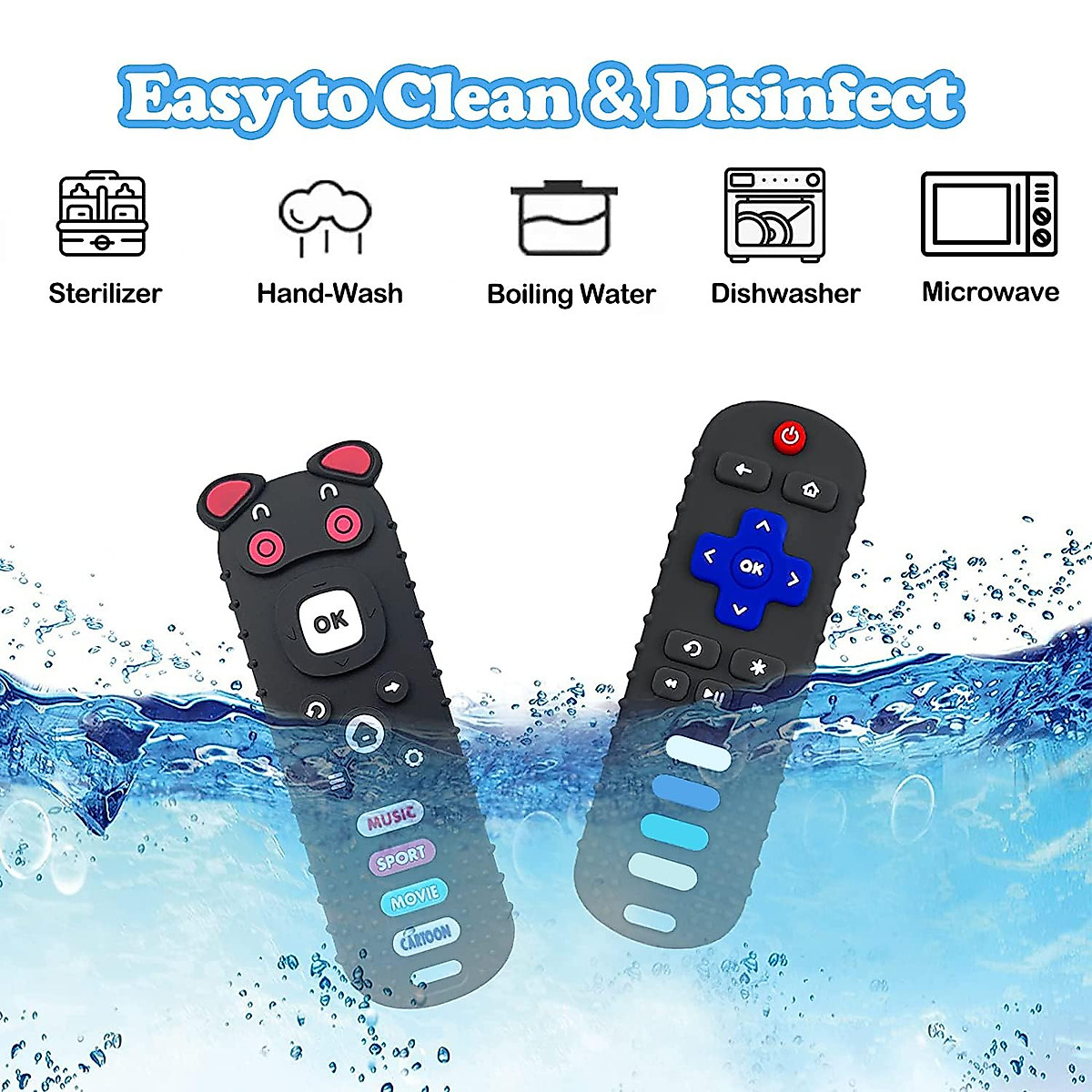 ROBBEAR Baby Teething Toys, Food Grade Silicone Teethers for Babies 3 6 12 18 Months, Fire TV Remote Shape Infant Chew Toys for Boys and Girls, Freezer BPA Free (Pig Black + RTV Black)