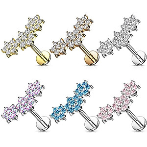 Covet Jewelry Triple CZ Flower Cluster Top on Internally Threaded 316L Surgical Steel Flat Back Studs for Labret, Monroe, Cartilage and More (16GA, L: 5/16" (8mm), Clear)