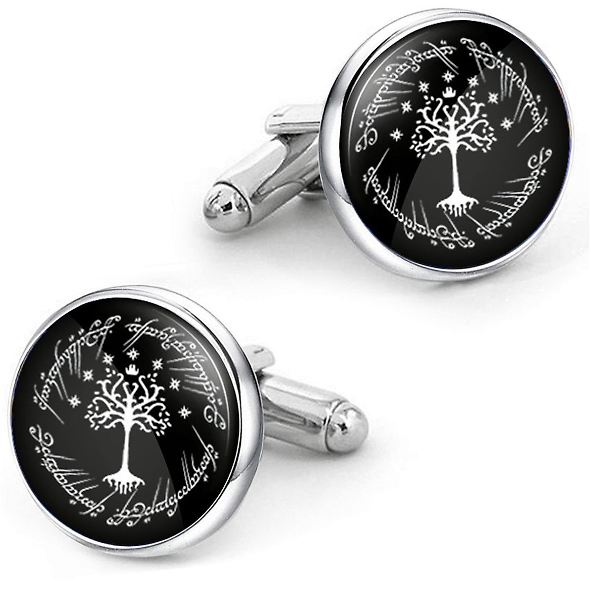 Kooer White Tree Cufflinks Personalized Tree of Life Christmas Wedding Cuff Links Gifts For Men Father Dad Husband Groom (Silver cuff links)