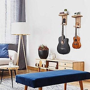 Keebofly Guitar Wall Mount,2 Pack Guitar Wall Hangers Holder Guitar Hangers Shelf with Pick Holder Wood Guitar Rack for Acoustic or Electric Guitar,Ukulele,Bass,Mandolin Brown,[Patented]
