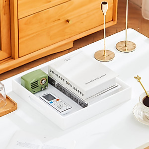 MUKEEN Glossy White Acrylic Serving Tray with Handles, 12x12x2H Inches - Spill Proof, Decorative Trays for Countertop, Ottoman Coffee Table, Nightstand, Breakfast, Tea, Food