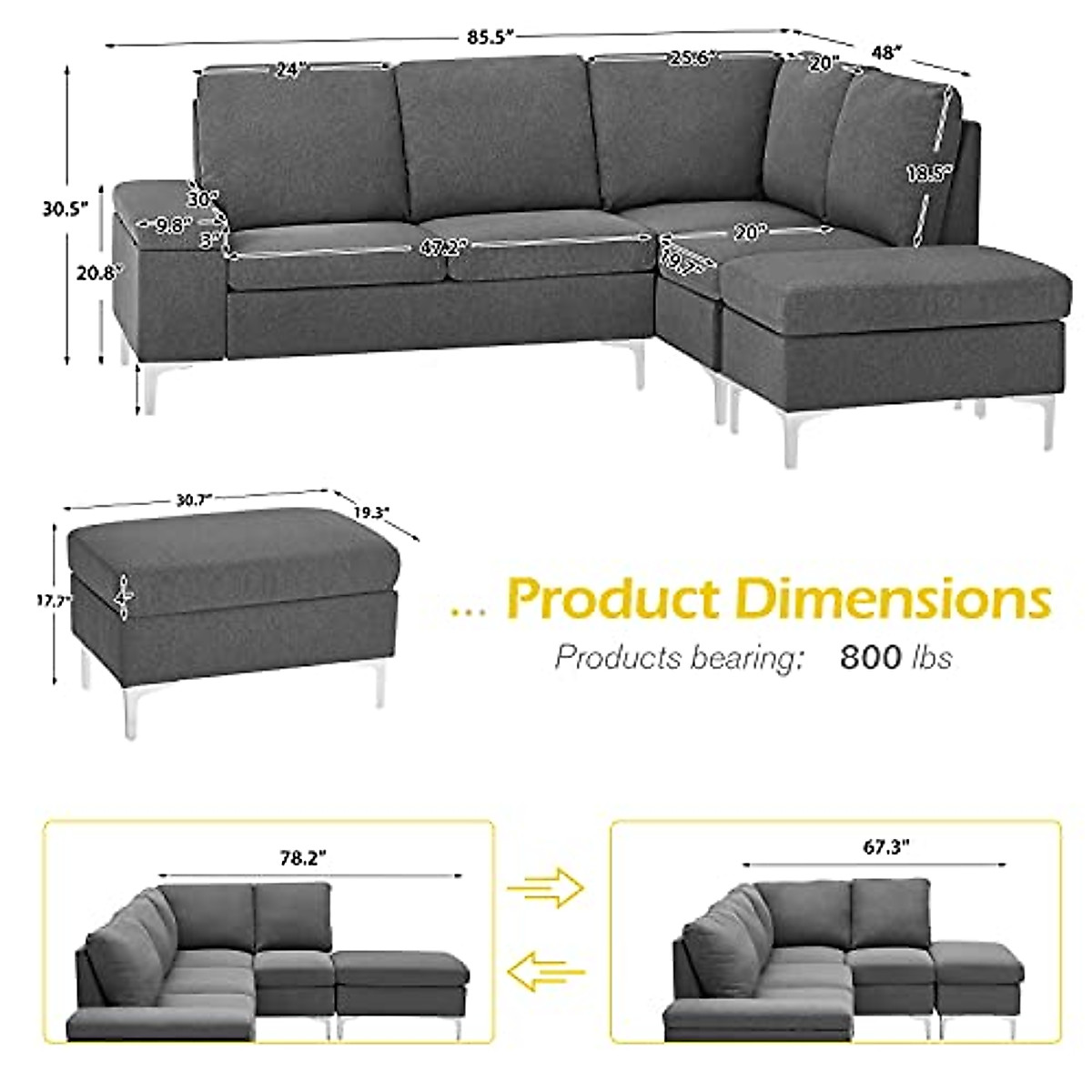Esright Right Facing Sectional Sofa with Ottoman,Convertible Corner Couches with Armrest Storage, Sectional Couch for Living Room & Apartment, Right Chaise & Gray