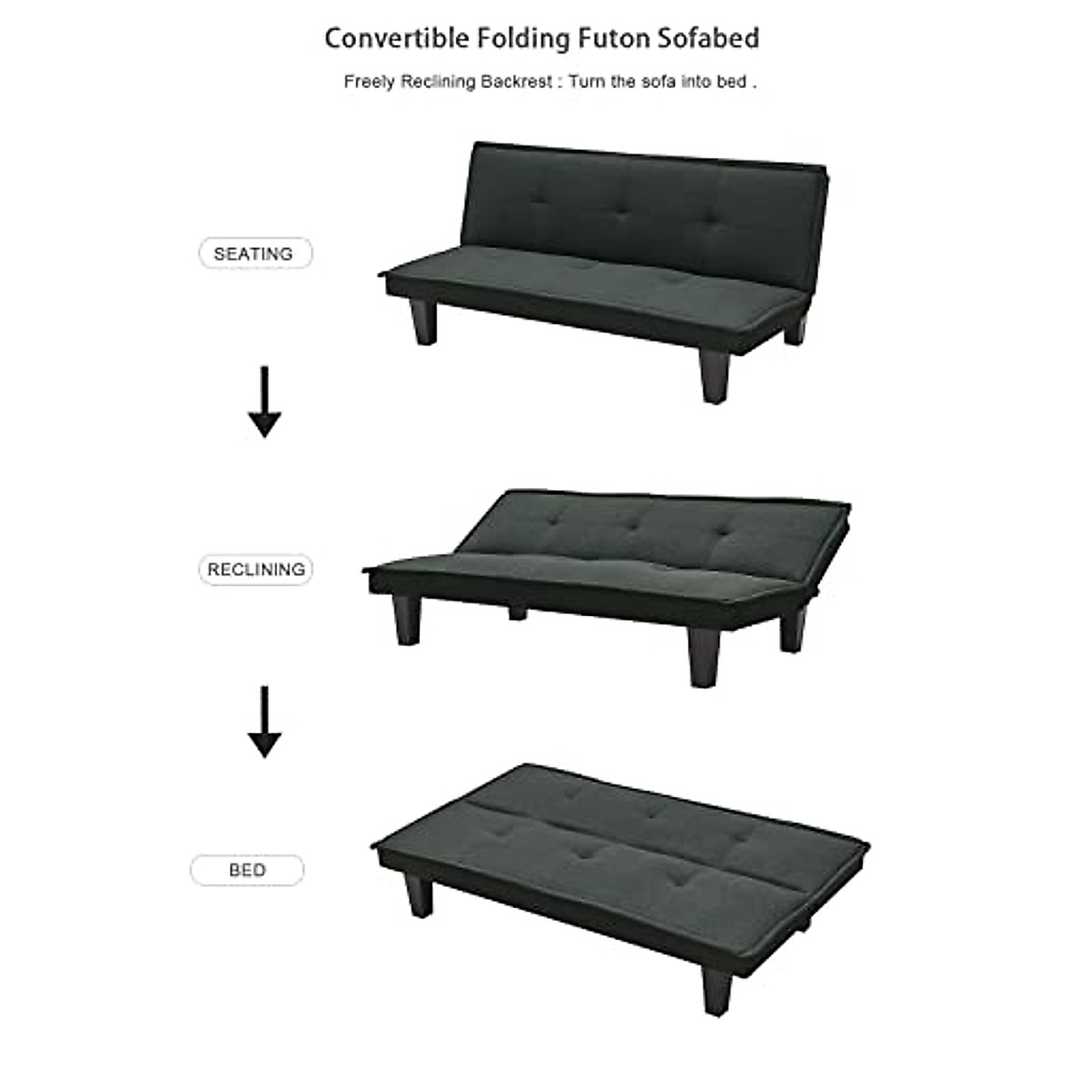 Majnesvon Modern Linen Fabric Sofa Bed Futon,Convertible Foldable Sleeper Sofa Bed with 3 Angles Adjustable Back,Wooden Frame & Legs for Small Living Space,Dorm Office Apartment (Dark Grey)