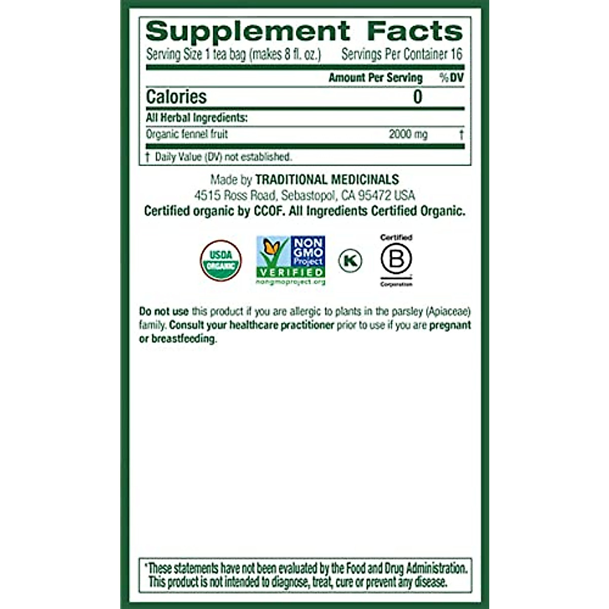 Traditional Medicinals Organic Fennel Herbal Tea, Promotes Digestive Health, (Pack of 4) - 64 Tea Bags Total