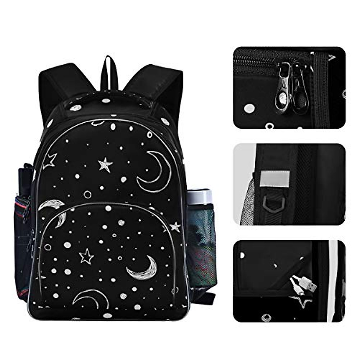 ALAZA Doodle Night Sky Moon Stars Teens Elementary School Bag Casual Daypack Book Bags Travel Knapsack Bags