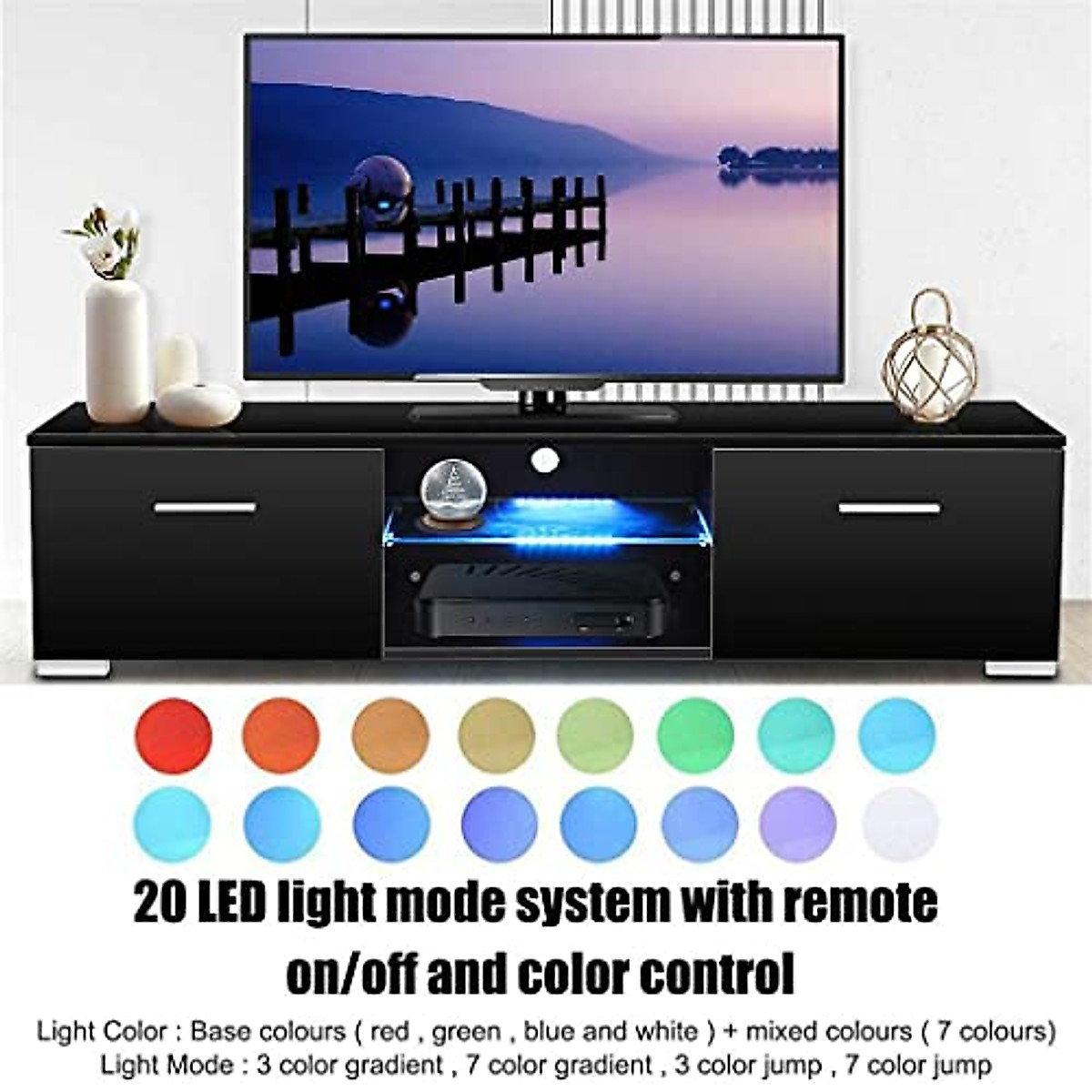 KUJYBG LED TV Tables for Living Room 57 Inch TV Cabinet Stands Furniture TV Unit Bracket with 2 Drawers and Glass Shelves