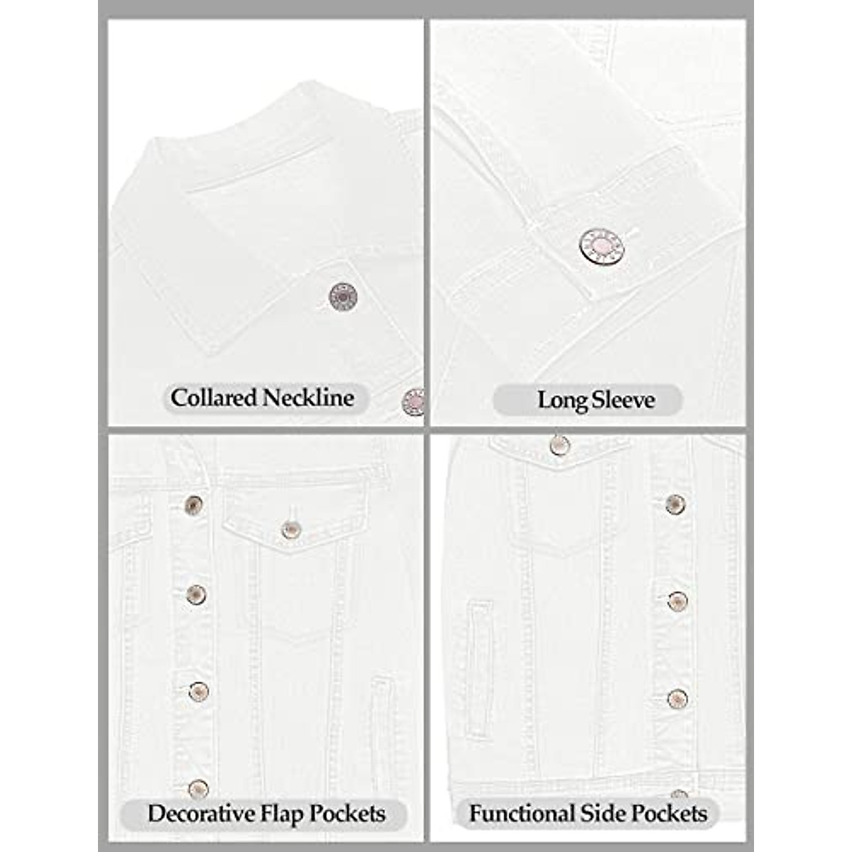 Vetinee Women's White Jean Jacket Women Basic Stretch Fitted Casual Button Down Truker Denim Jacket Long Sleeve Pockets Jean Coat Large Size 12 Size 14