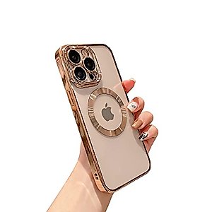 Threehundred for iPhone 13 Pro Case Magnetic Clear with Camera Lens Protector Full Protection MagSafe Electroplated Silicone Dust-Proof Net Shockproof Protective Case Cover 6.1 Inch - Gold