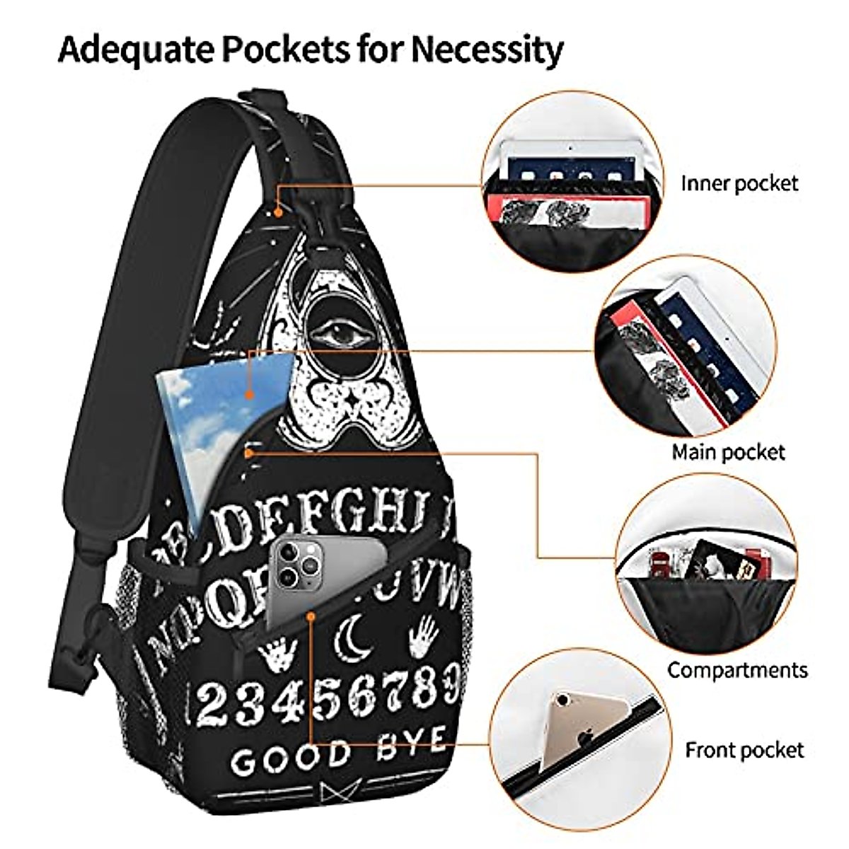 Men's Casual Crossbody Bags Vintage Skeleton Magic Ouija Board Black Backpack for Cycling and Travel, Fashion Sling Shoulder Backpack with Zipper Pocket for Hiking Outdoor Activities