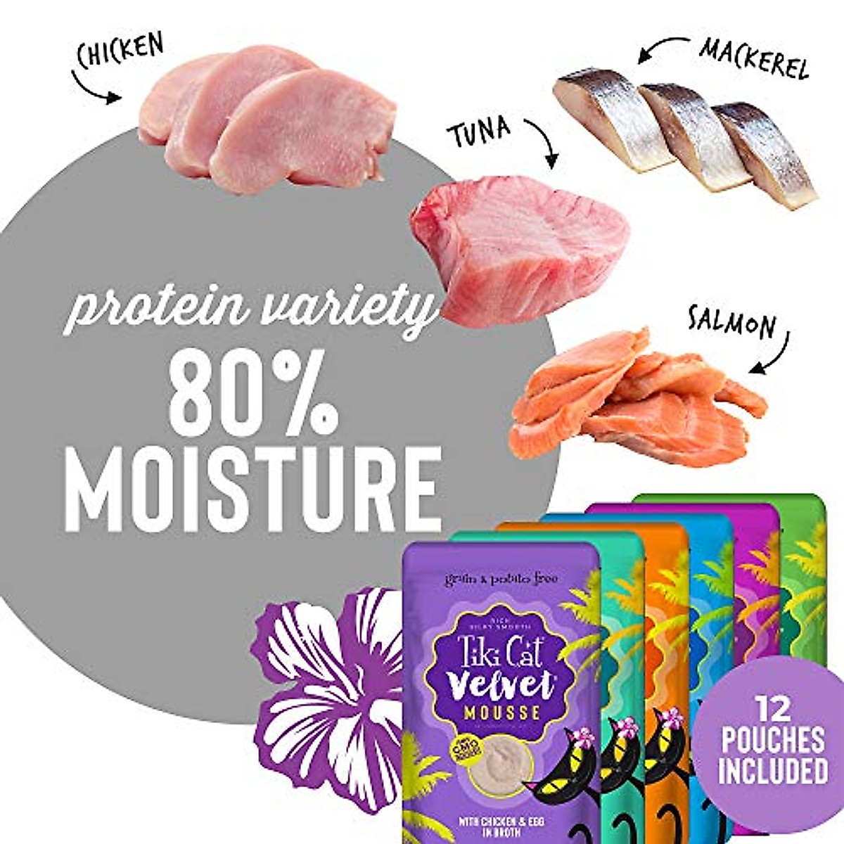 Tiki Cat Velvet Mousse, Protein Blend in Broth Variety Pack, Complete Nutrition for Balanced Diet, Wet Cat Food For All Life Stages, 2.8 oz. Pouch (Pack of 12)