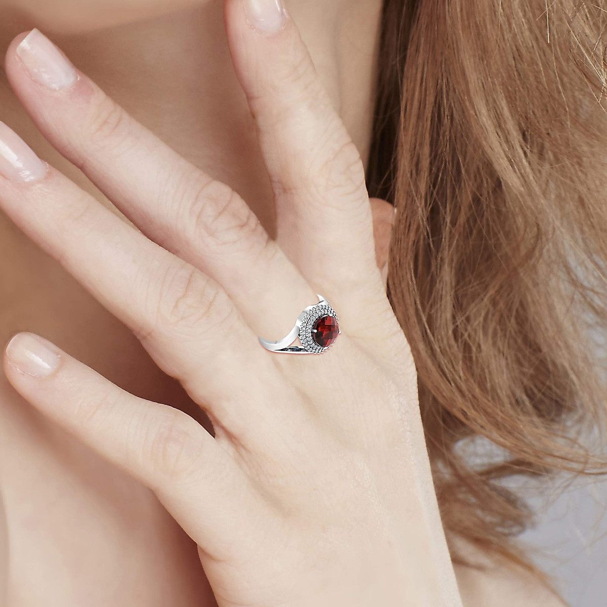 Belinda Jewelz Ring for Womens 925 Sterling Silver Red Garnet Gemstone Ring 8mm Round Double Halo 1.96 Carat Band Ring Jewelry Engagement Wedding Gift, Size 8